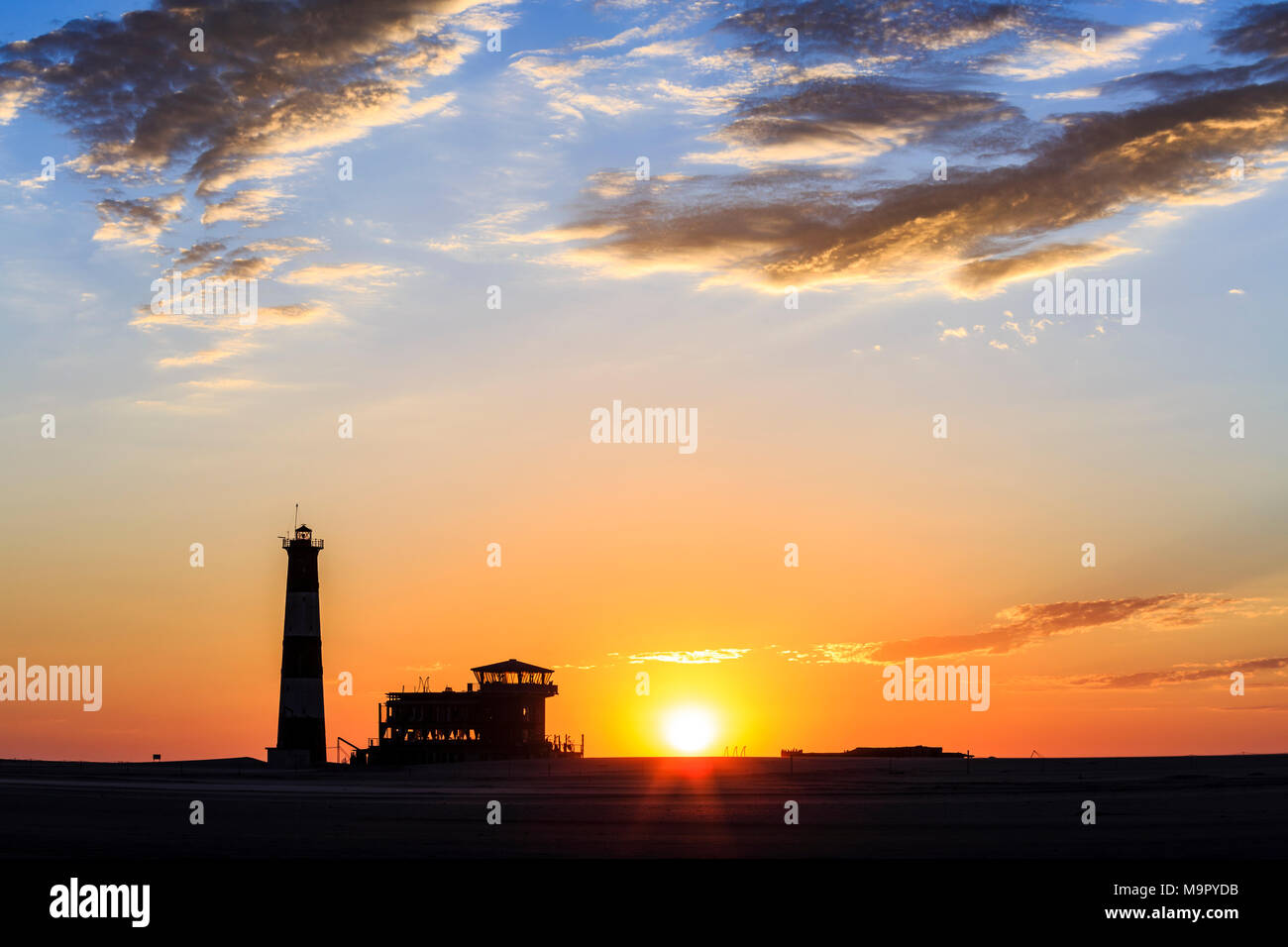 Silhouettes, Lighthouse and Lodge at sunset, Pelican Point, Walvis Bay ...