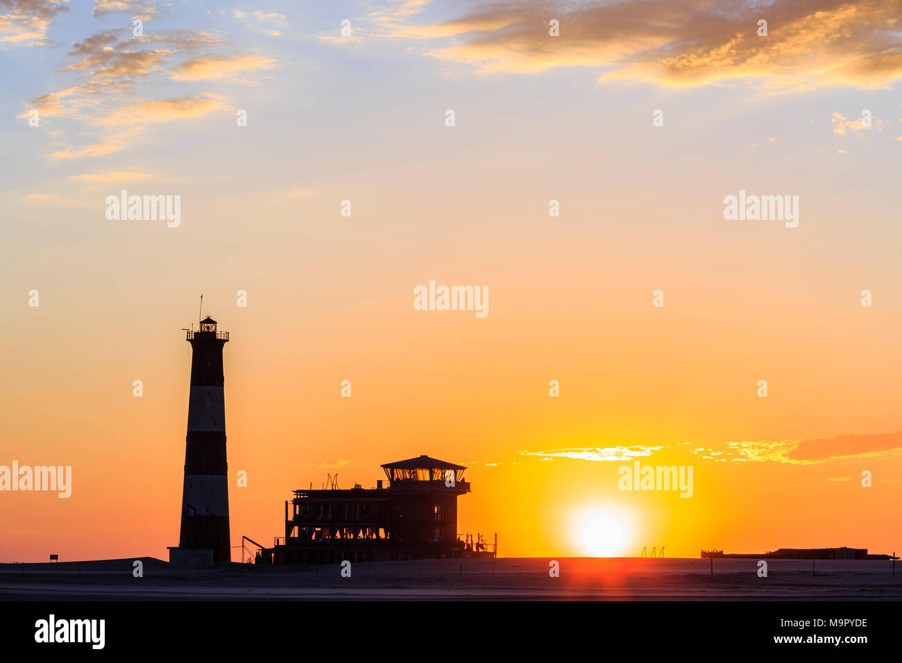 Silhouettes, Lighthouse and Lodge at sunset, Pelican Point, Walvis Bay ...