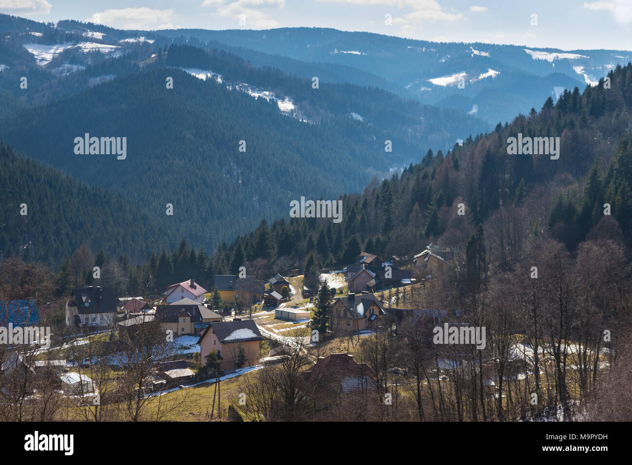 Upper parts of Piwniczna Zdroj village with Beskid Sadecki mountains ...