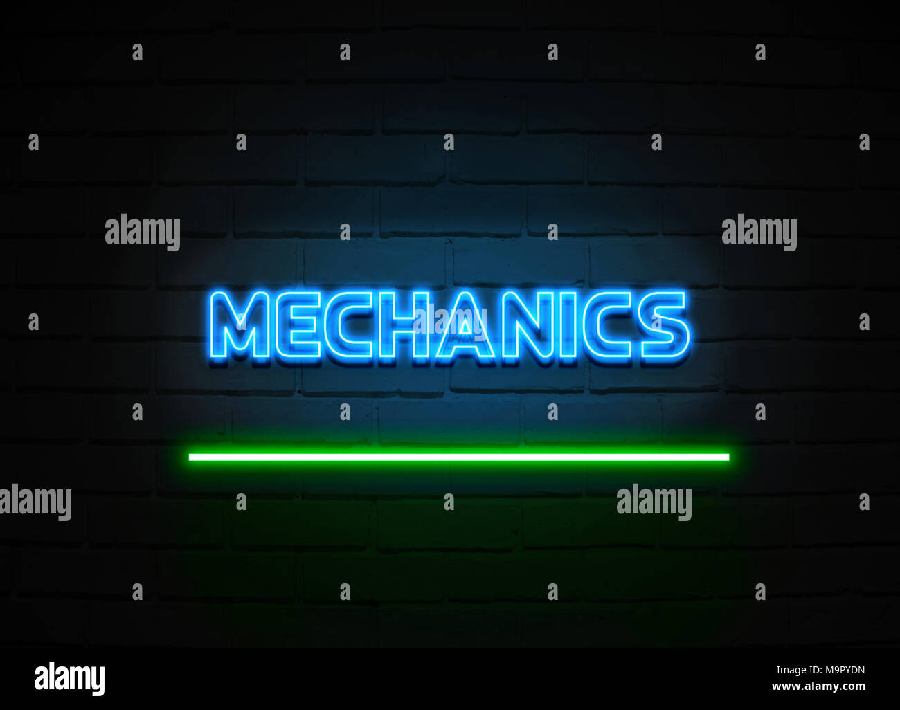 Mechanics neon sign - Glowing Neon Sign on brickwall wall - 3D rendered ...