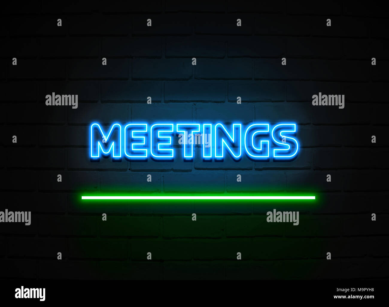 Meetings neon sign - Glowing Neon Sign on brickwall wall - 3D rendered ...