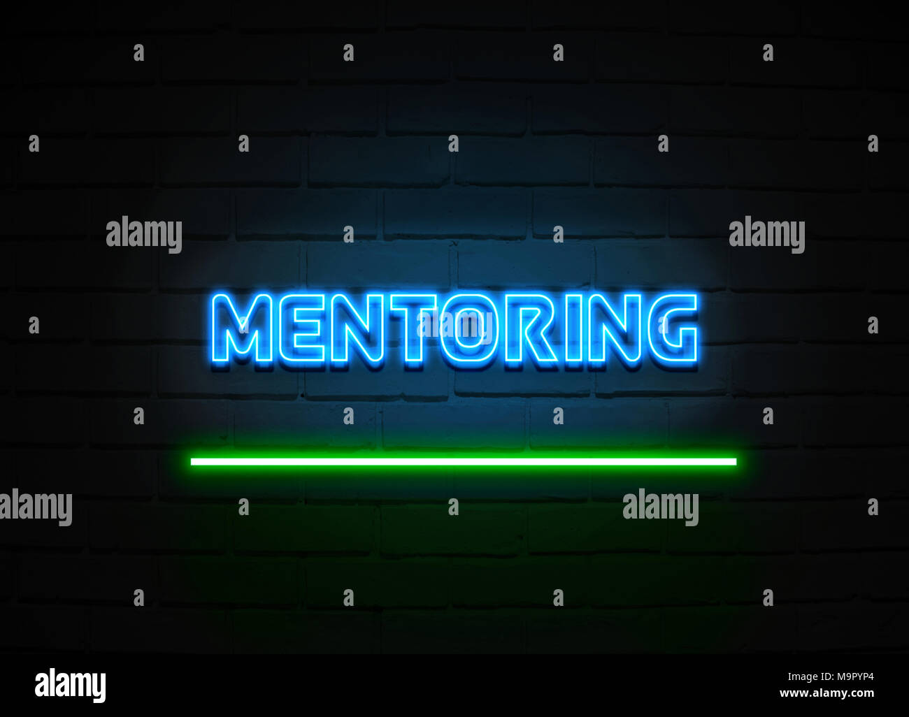 Mentoring neon sign - Glowing Neon Sign on brickwall wall - 3D rendered ...