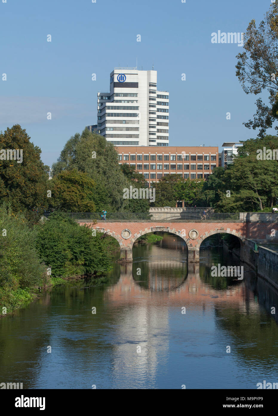 River Leine with bridge, in the back Allianz-Hochhaus, Hanover, Lower ...