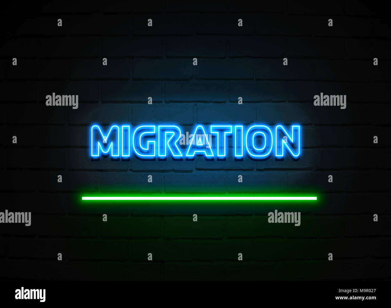 Migration neon sign - Glowing Neon Sign on brickwall wall - 3D rendered ...