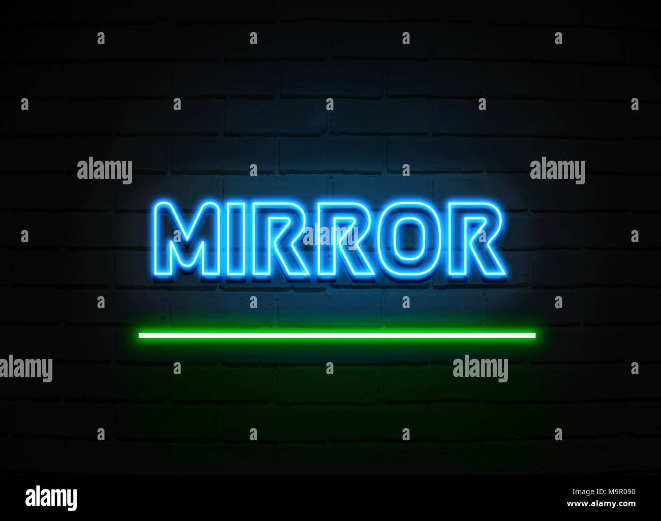 Mirror neon sign - Glowing Neon Sign on brickwall wall - 3D rendered ...