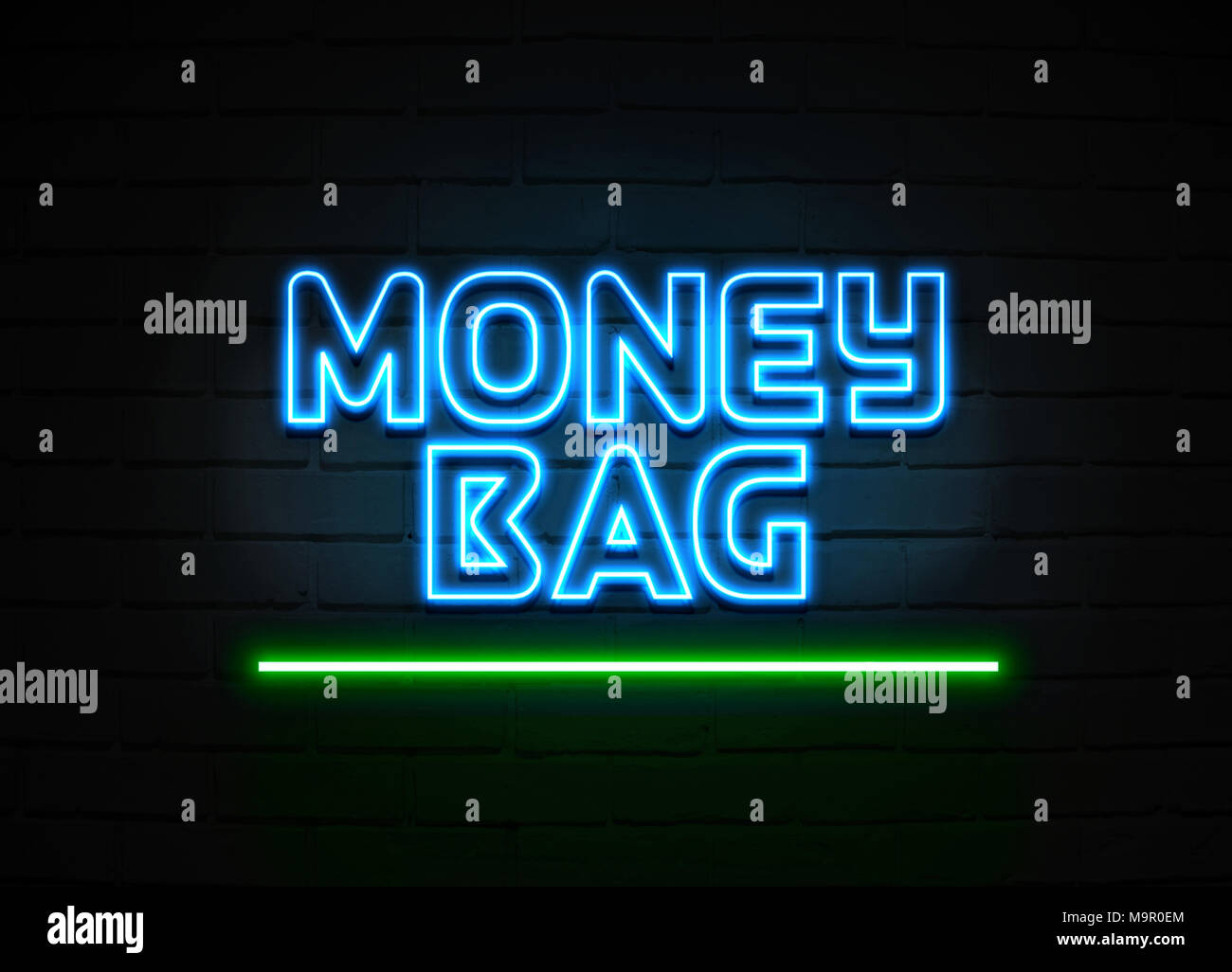 Money Bag neon sign - Glowing Neon Sign on brickwall wall - 3D rendered ...