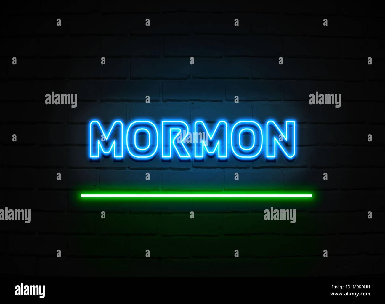 Mormon neon sign - Glowing Neon Sign on brickwall wall - 3D rendered ...