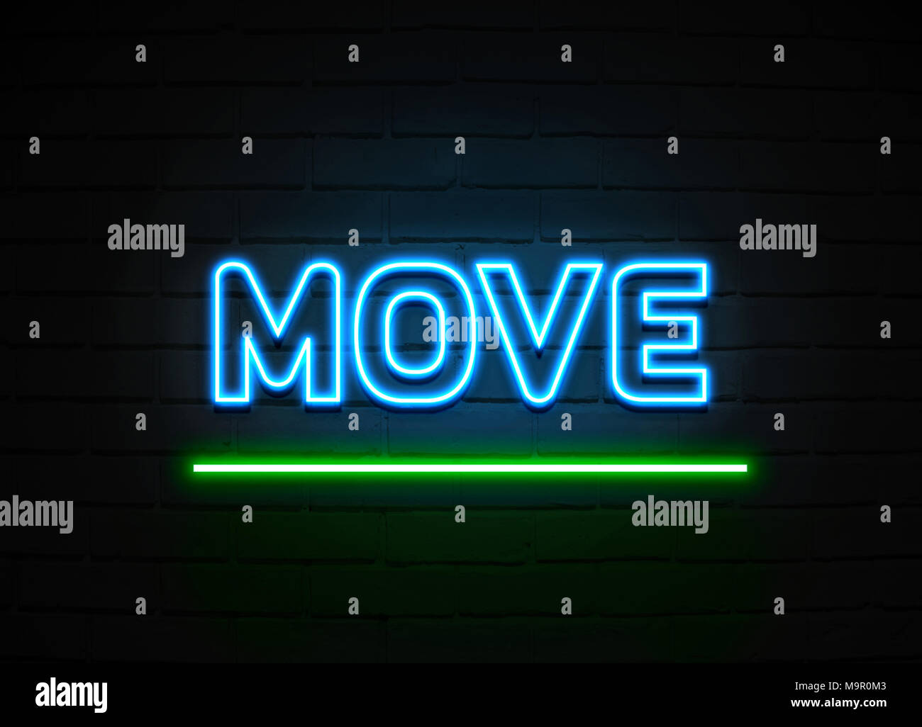 Move neon sign - Glowing Neon Sign on brickwall wall - 3D rendered ...