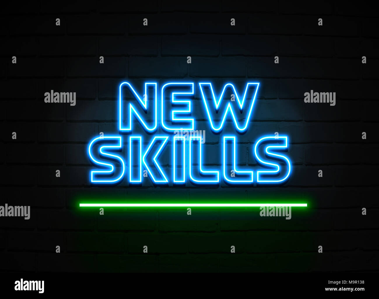 New Skills neon sign - Glowing Neon Sign on brickwall wall - 3D ...