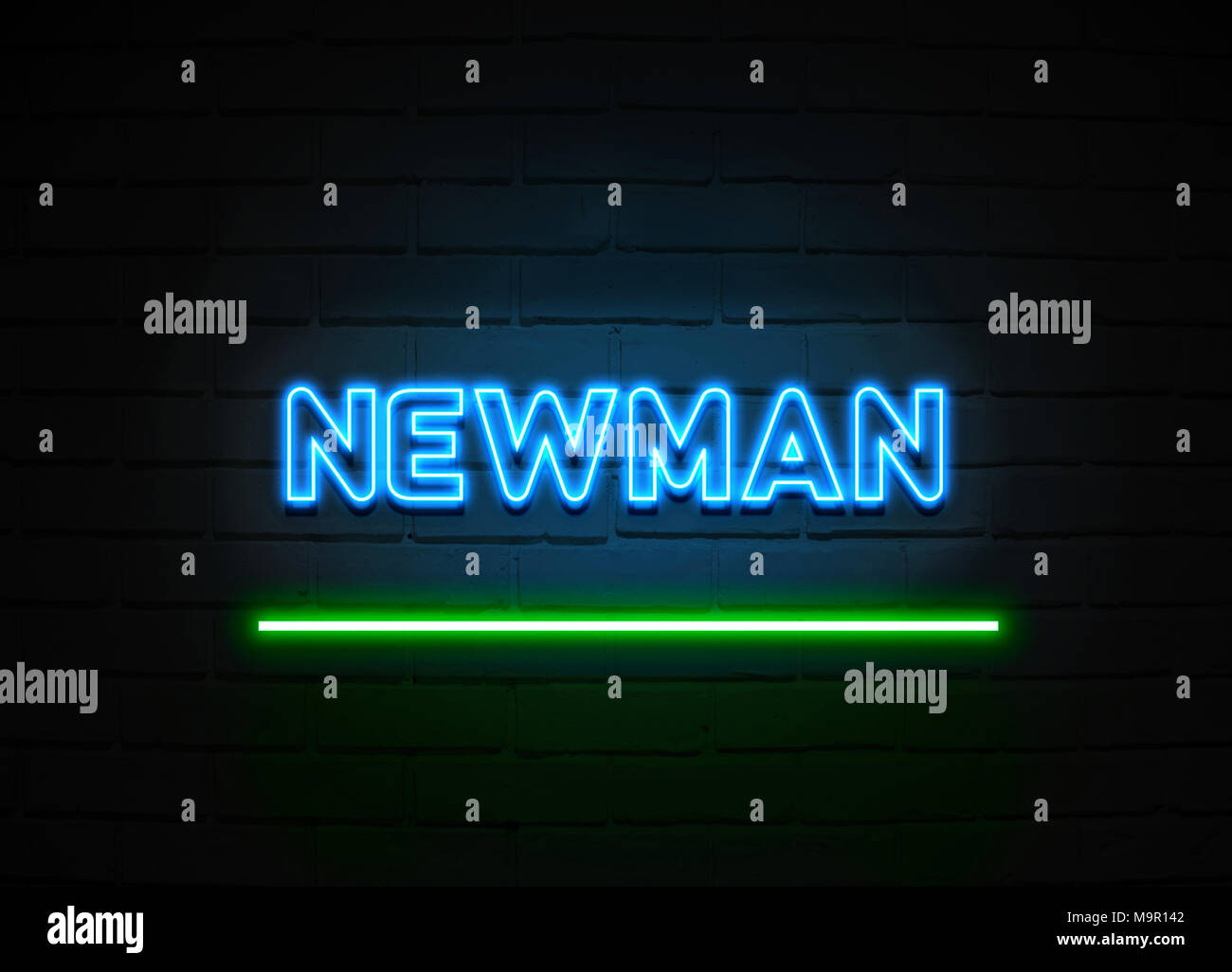Newman neon sign - Glowing Neon Sign on brickwall wall - 3D rendered ...