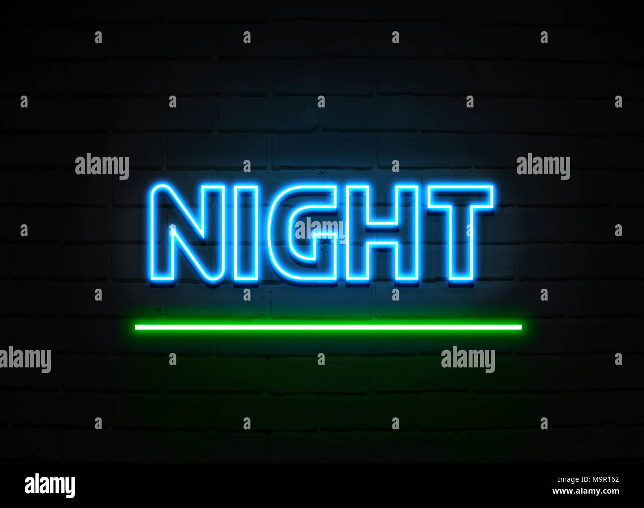 Night neon sign - Glowing Neon Sign on brickwall wall - 3D rendered ...