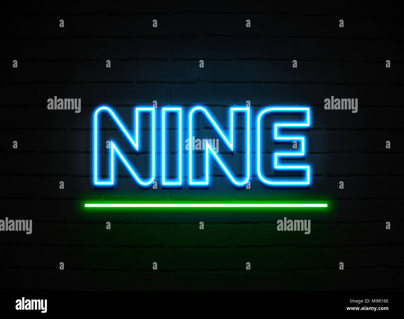Nine neon sign - Glowing Neon Sign on brickwall wall - 3D rendered royalty free stock ...