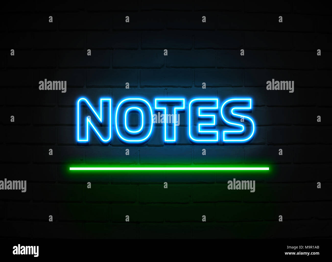 Notes neon sign - Glowing Neon Sign on brickwall wall - 3D rendered ...