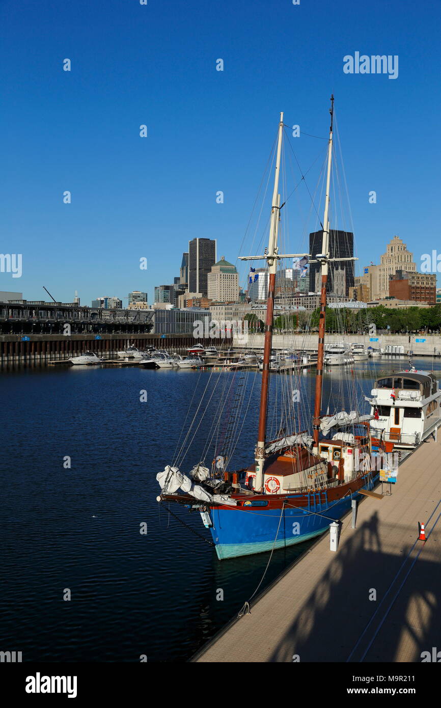 Blue sailboat in harbour, Old Port, Montreal, Quebec Province, Canada ...