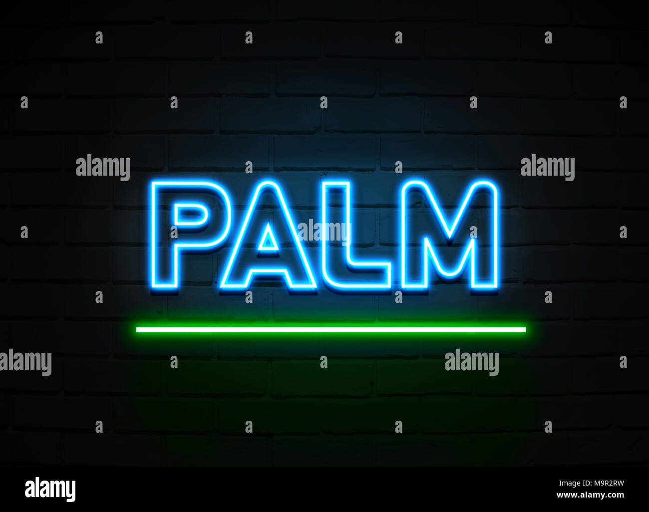 Palm neon sign - Glowing Neon Sign on brickwall wall - 3D rendered royalty free stock ...