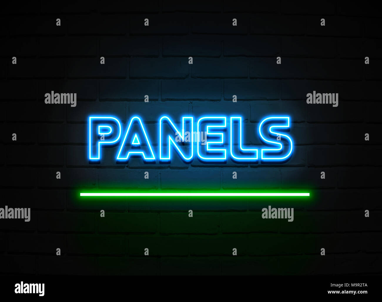 Panels neon sign - Glowing Neon Sign on brickwall wall - 3D rendered ...