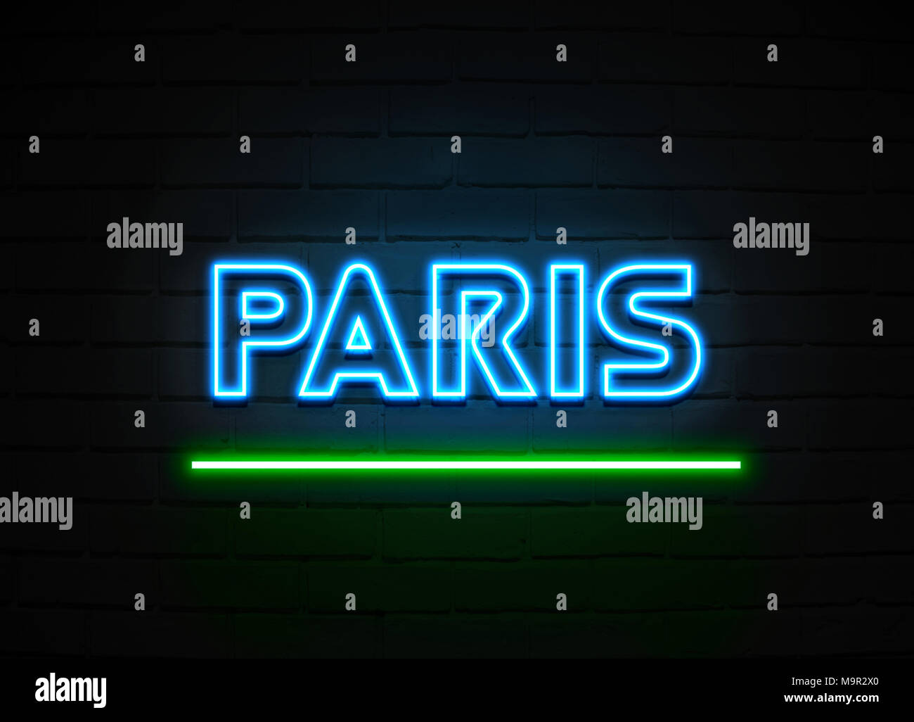 Paris neon sign - Glowing Neon Sign on brickwall wall - 3D rendered ...