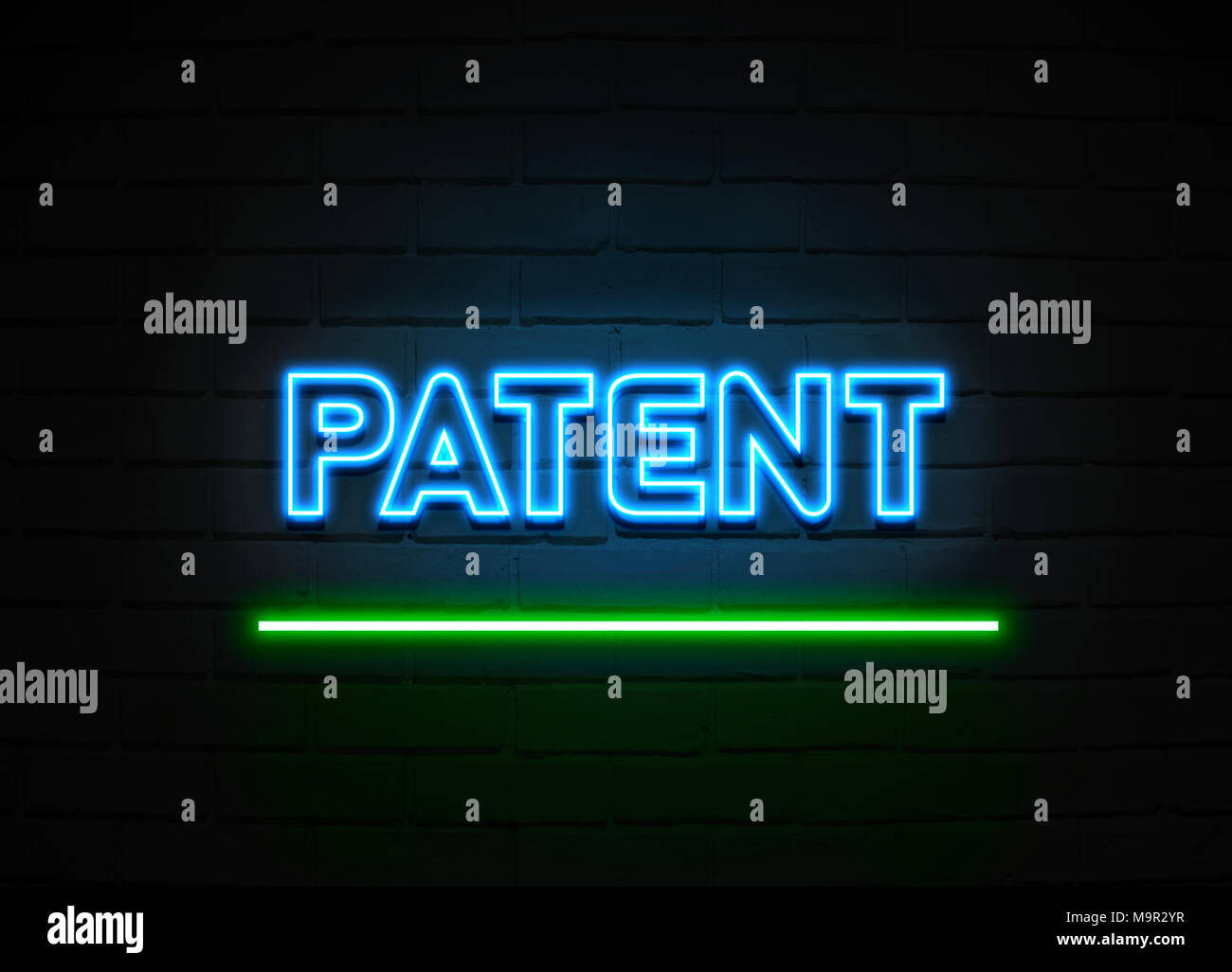 Patent neon sign - Glowing Neon Sign on brickwall wall - 3D rendered ...