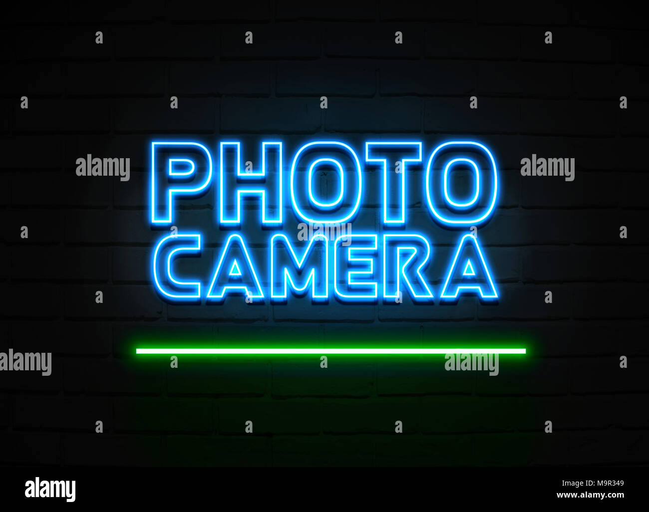 Photo Camera neon sign - Glowing Neon Sign on brickwall wall - 3D rendered royalty free stock ...