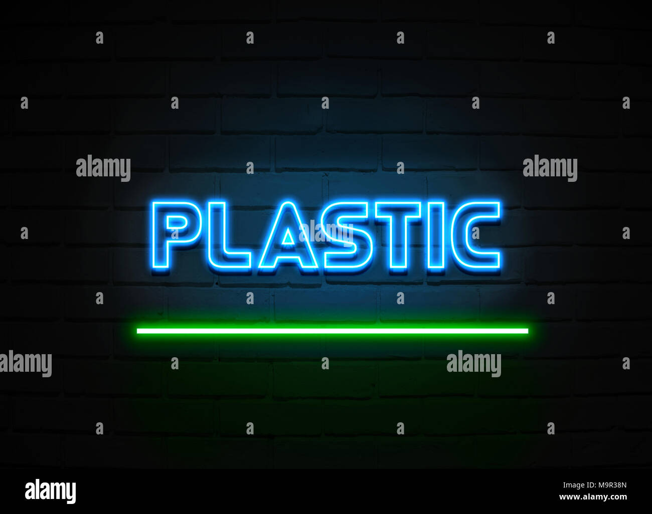 Plastic neon sign - Glowing Neon Sign on brickwall wall - 3D rendered ...