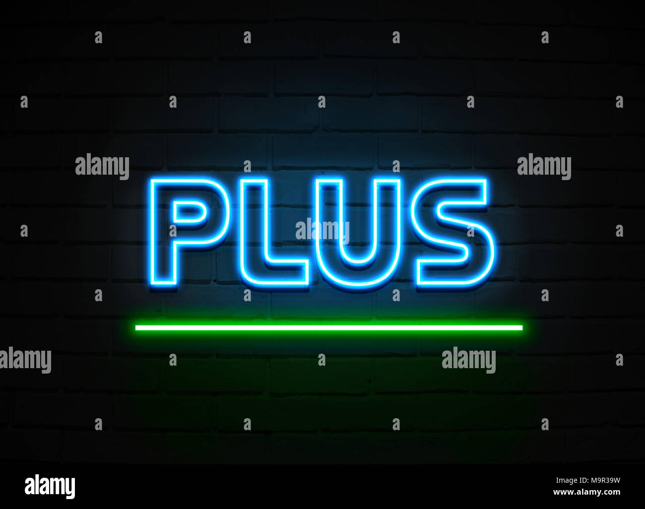 Plus neon sign - Glowing Neon Sign on brickwall wall - 3D rendered ...