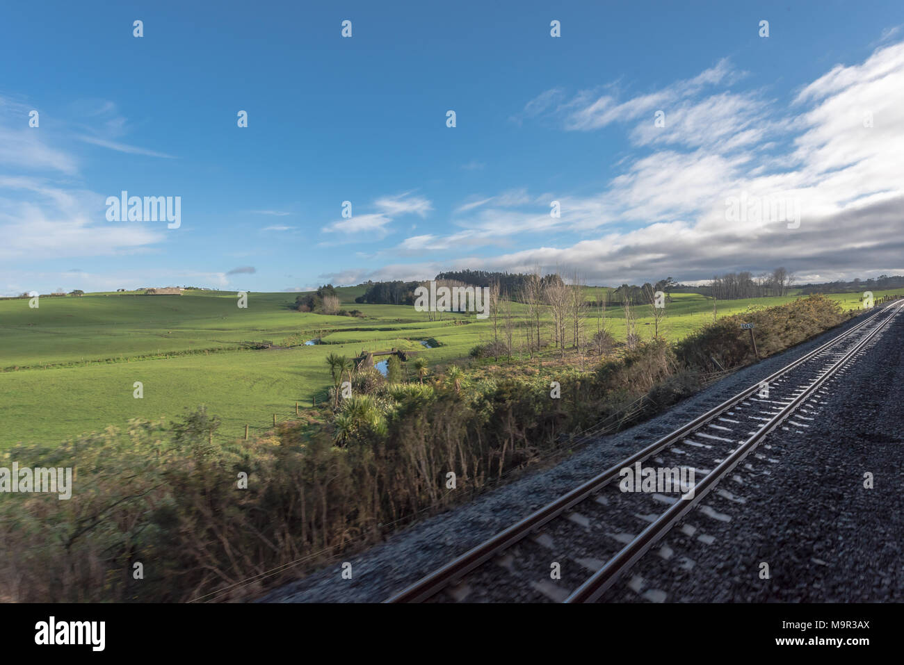 Railway tracks alongside lush green meadows in New Zealand Stock Photo ...
