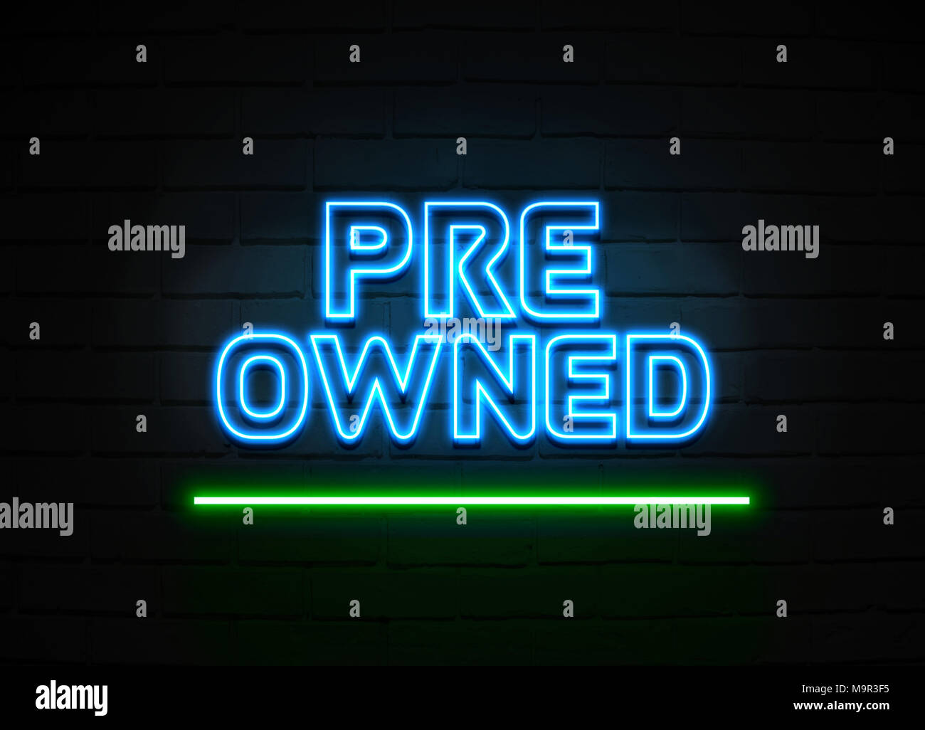 Pre Owned neon sign - Glowing Neon Sign on brickwall wall - 3D rendered royalty free stock ...