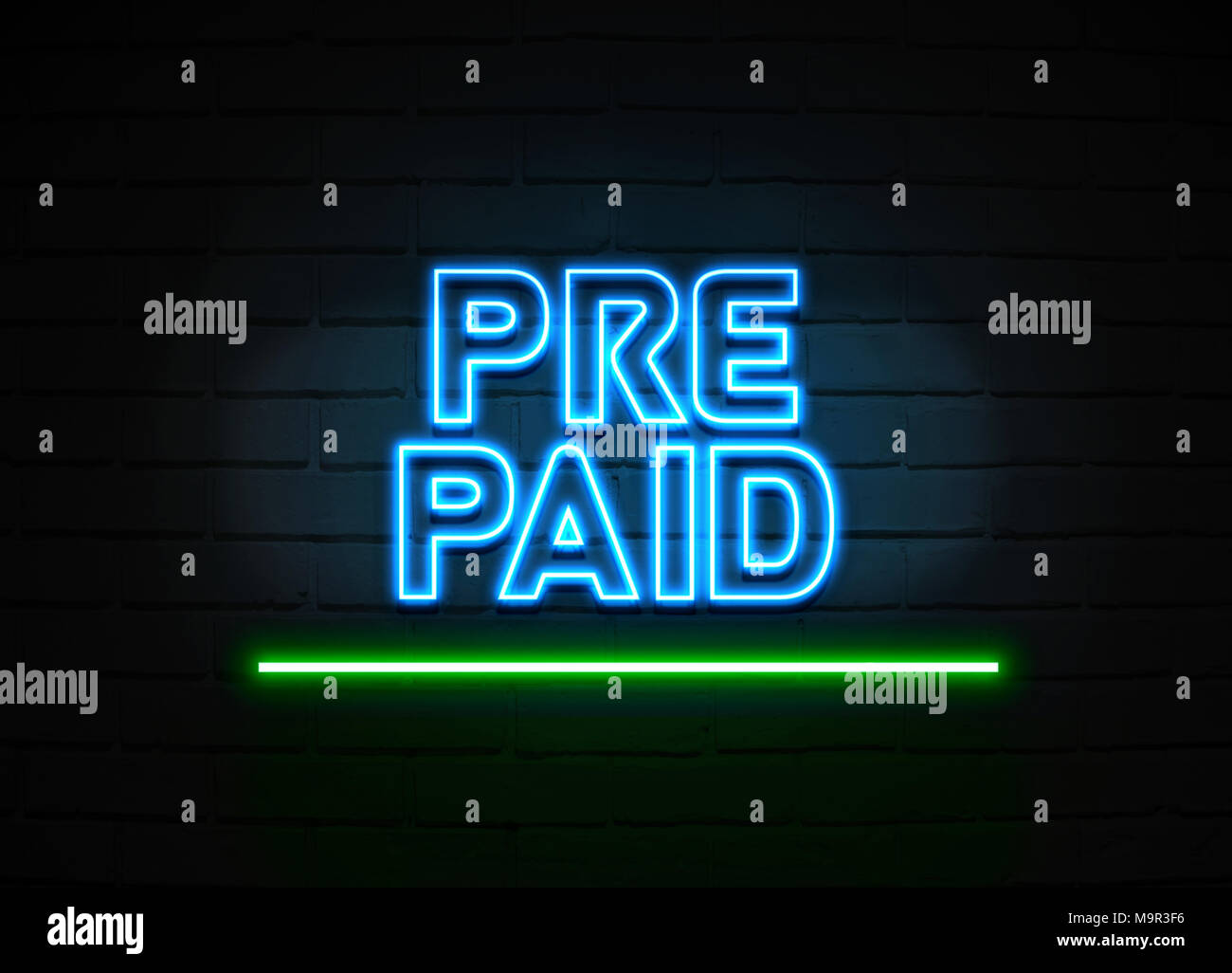 Pre Paid neon sign - Glowing Neon Sign on brickwall wall - 3D rendered ...