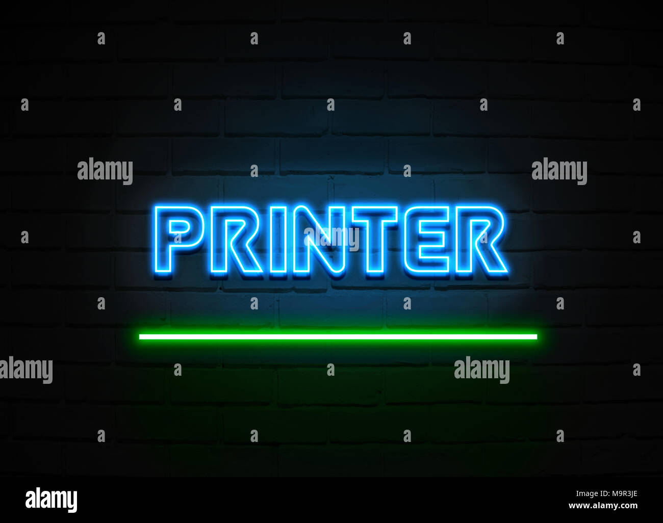 Printer neon sign - Glowing Neon Sign on brickwall wall - 3D rendered ...