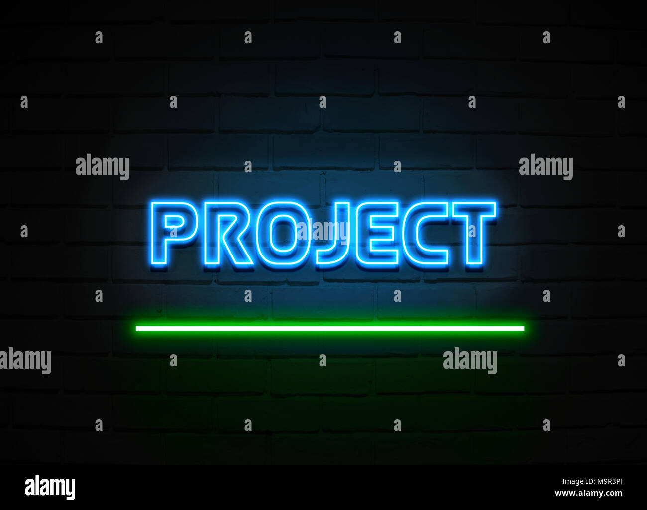 Project neon sign - Glowing Neon Sign on brickwall wall - 3D rendered ...