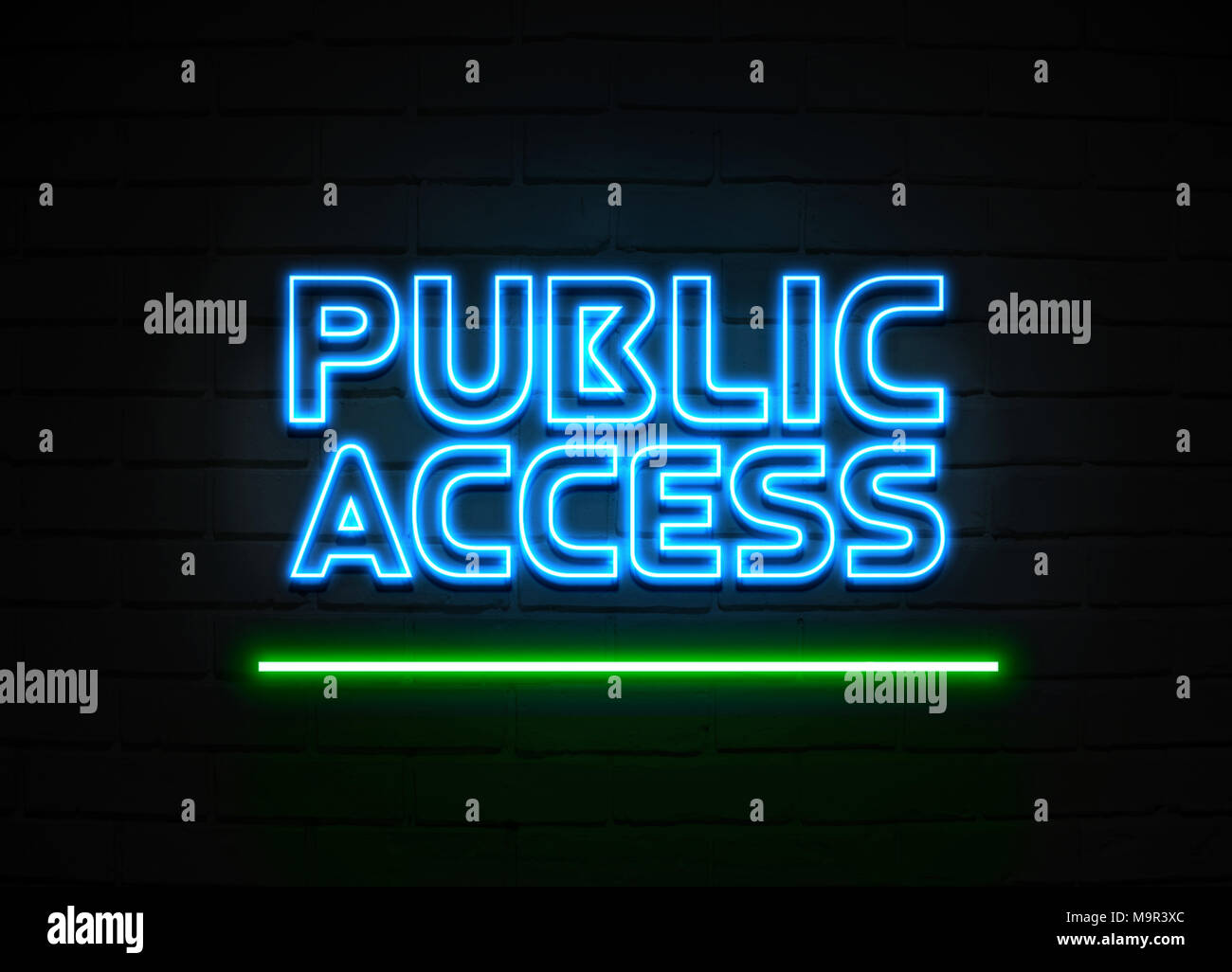 Public Access neon sign - Glowing Neon Sign on brickwall wall - 3D rendered royalty free stock ...