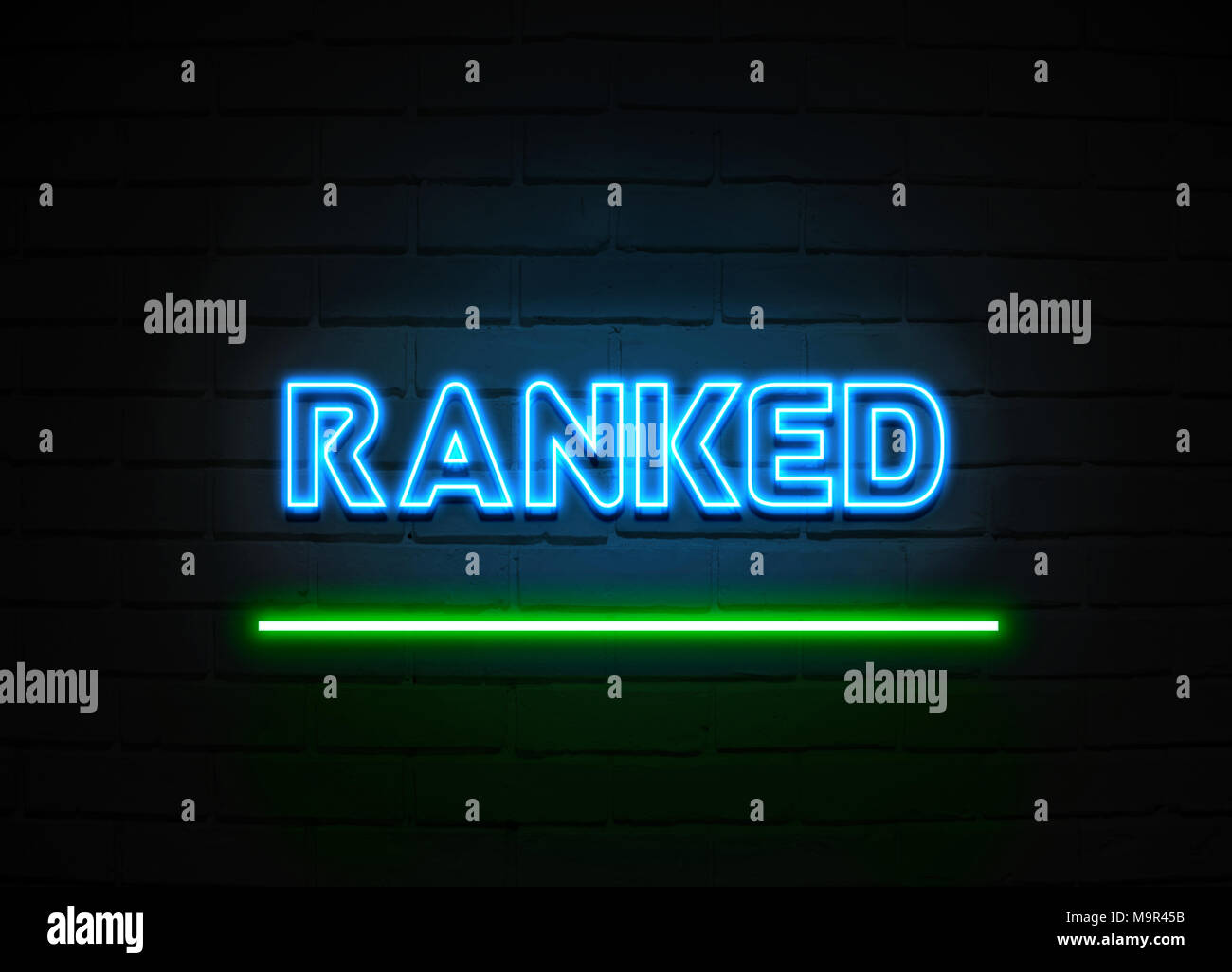 Ranked neon sign - Glowing Neon Sign on brickwall wall - 3D rendered ...