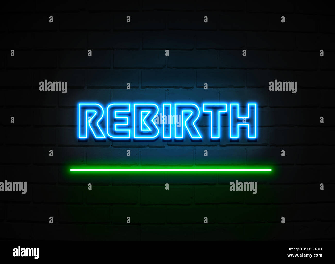 Rebirth neon sign - Glowing Neon Sign on brickwall wall - 3D rendered ...