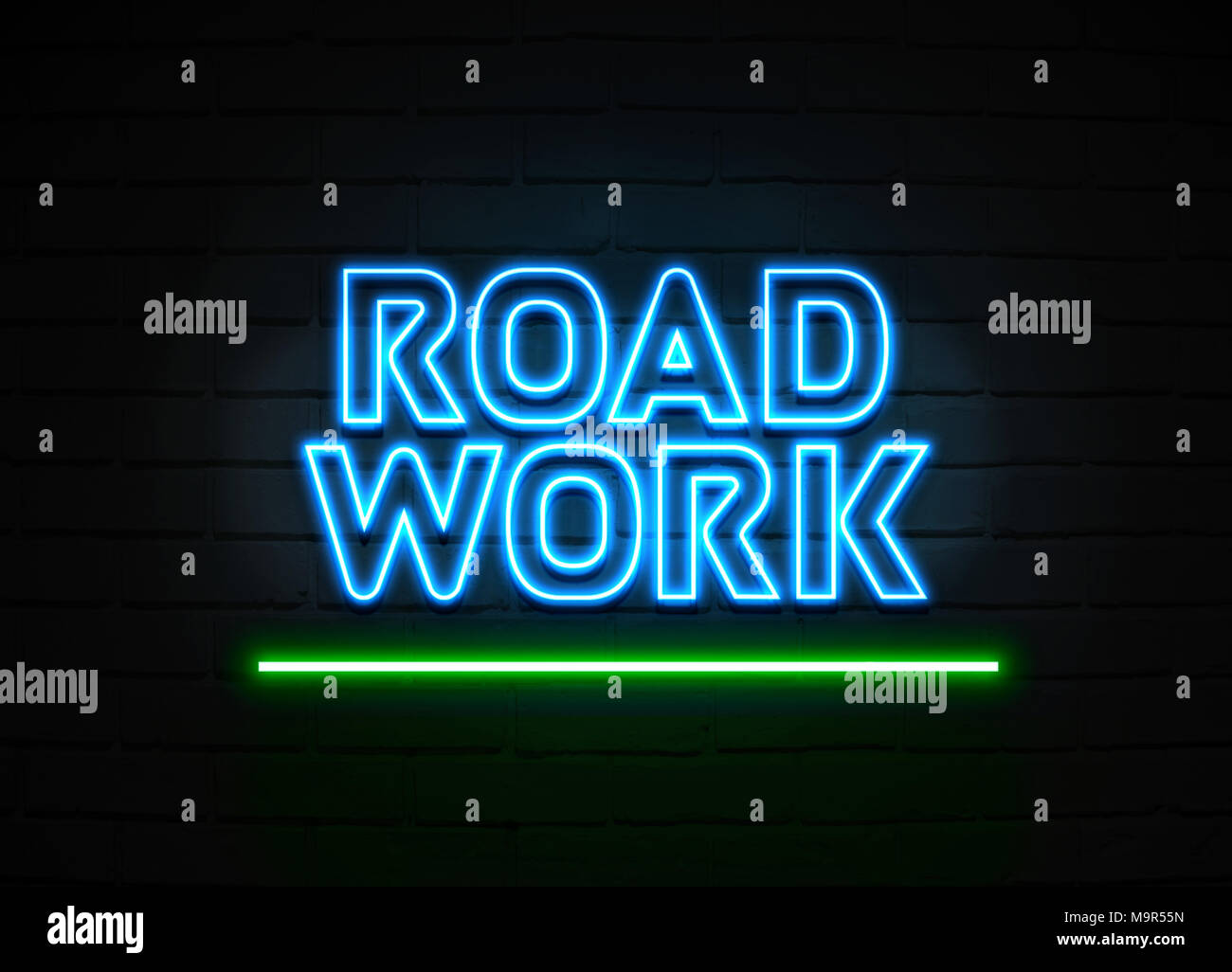Road Work neon sign - Glowing Neon Sign on brickwall wall - 3D rendered ...