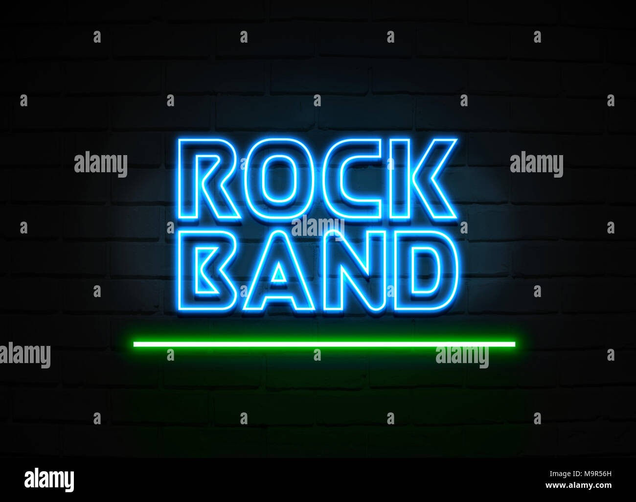 Rock Band neon sign - Glowing Neon Sign on brickwall wall - 3D rendered ...