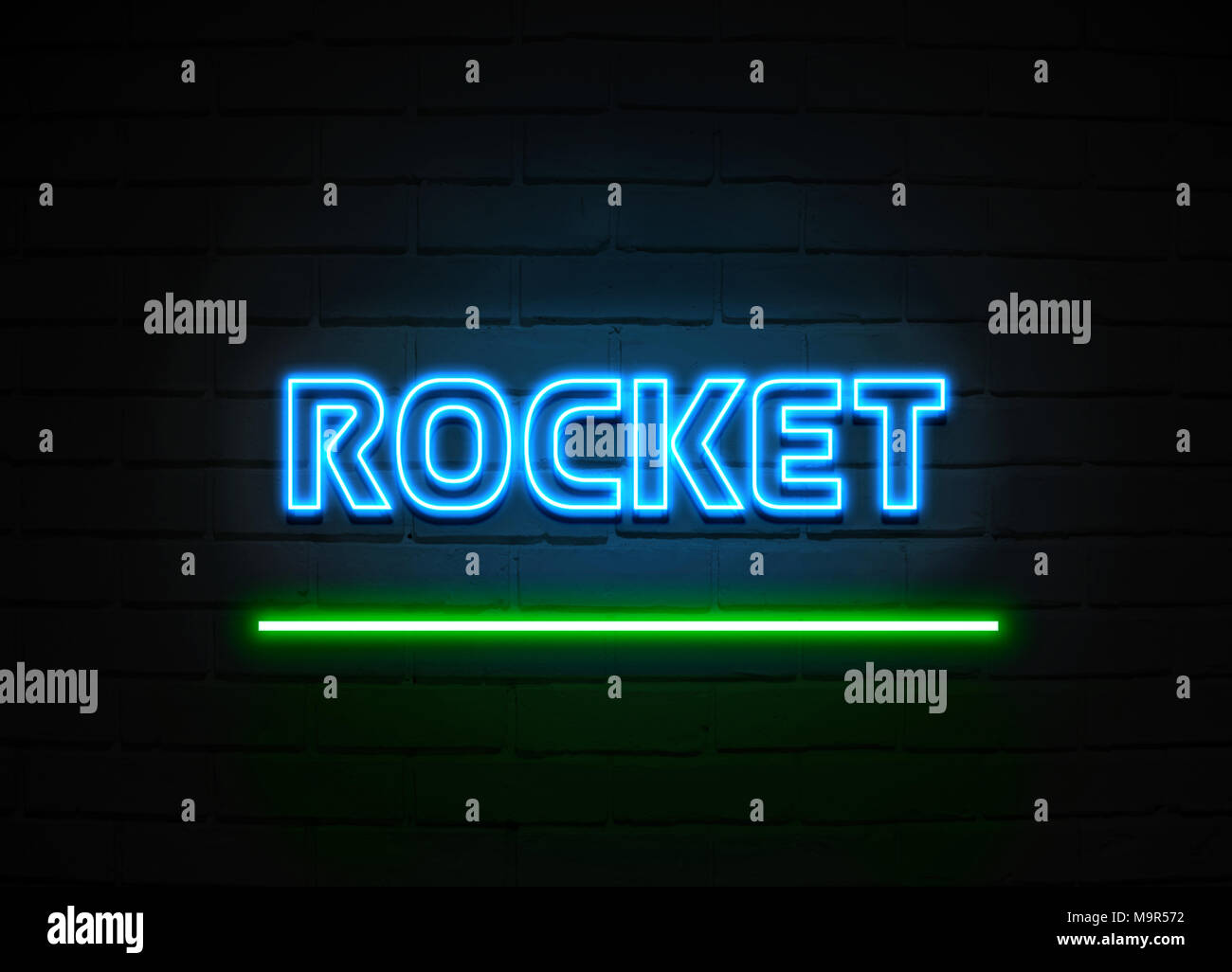 Rocket neon sign - Glowing Neon Sign on brickwall wall - 3D rendered ...