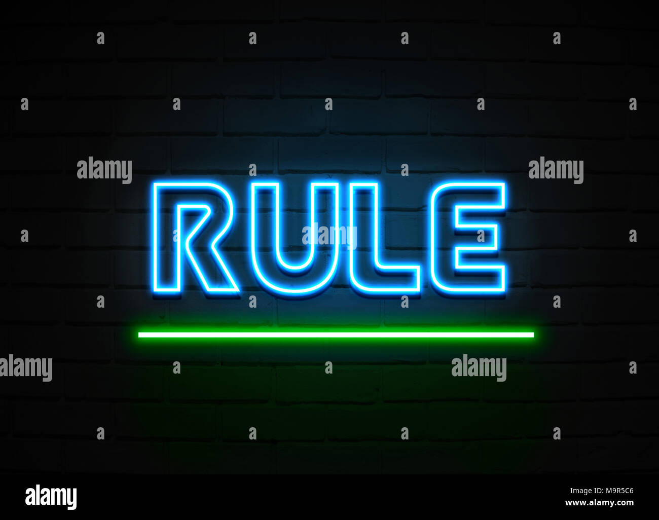 Rule neon sign - Glowing Neon Sign on brickwall wall - 3D rendered ...