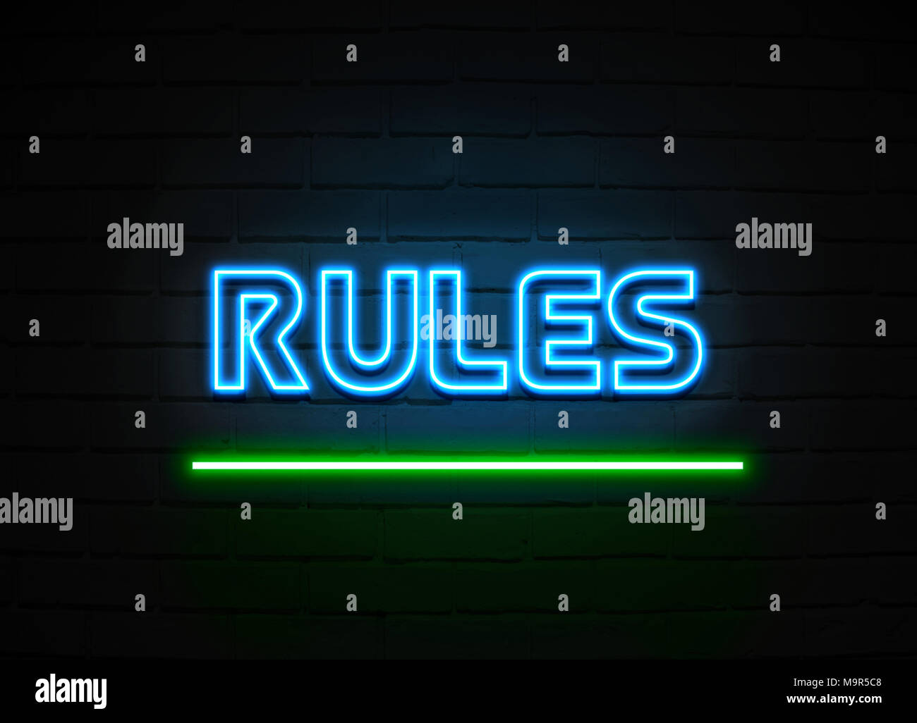 Rules neon sign - Glowing Neon Sign on brickwall wall - 3D rendered ...