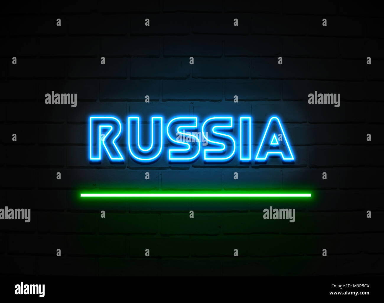 Russia neon sign - Glowing Neon Sign on brickwall wall - 3D rendered ...