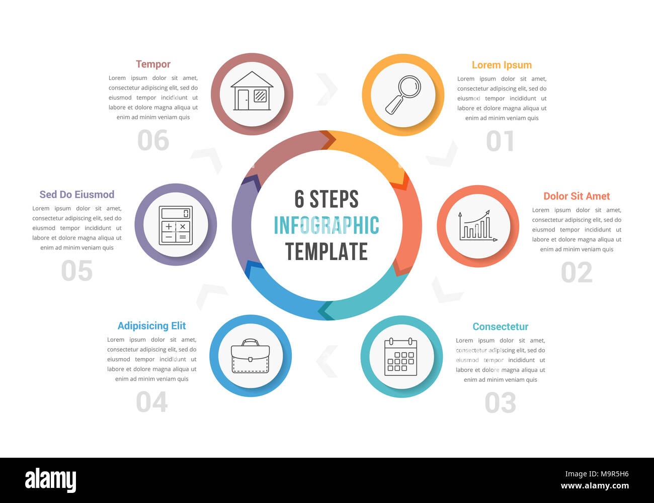 Circle diagram infographic template with arrows with six steps ...