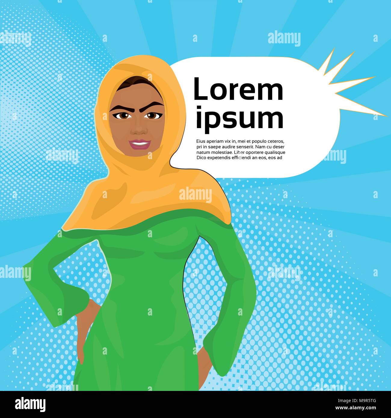 Muslim Woman In Traditional Clothes Over Retro Comic Background Stock ...