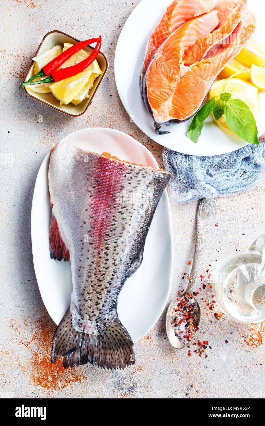 raw salmon fish with salt and spice Stock Photo - Alamy