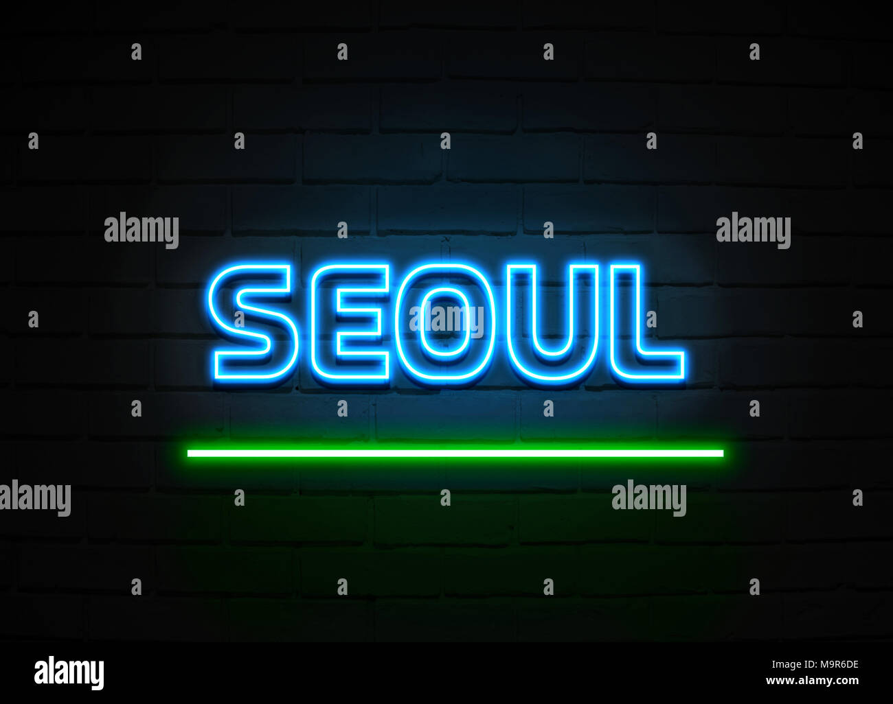 Seoul neon sign - Glowing Neon Sign on brickwall wall - 3D rendered ...