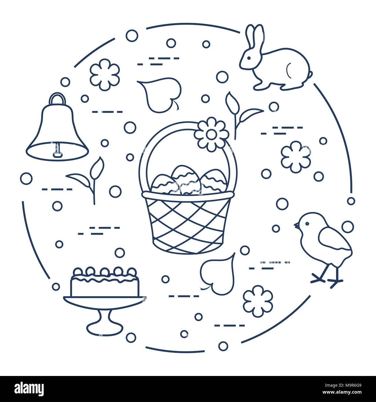 Easter symbols. Simnel cake, basket, eggs, bell, rabbit, chick, flowers ...