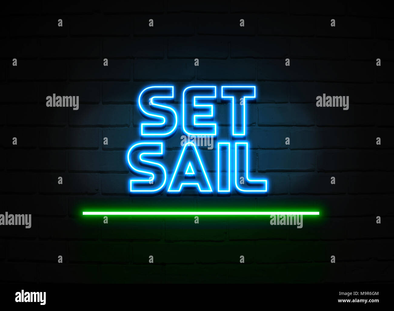 Set Sail neon sign - Glowing Neon Sign on brickwall wall - 3D rendered ...