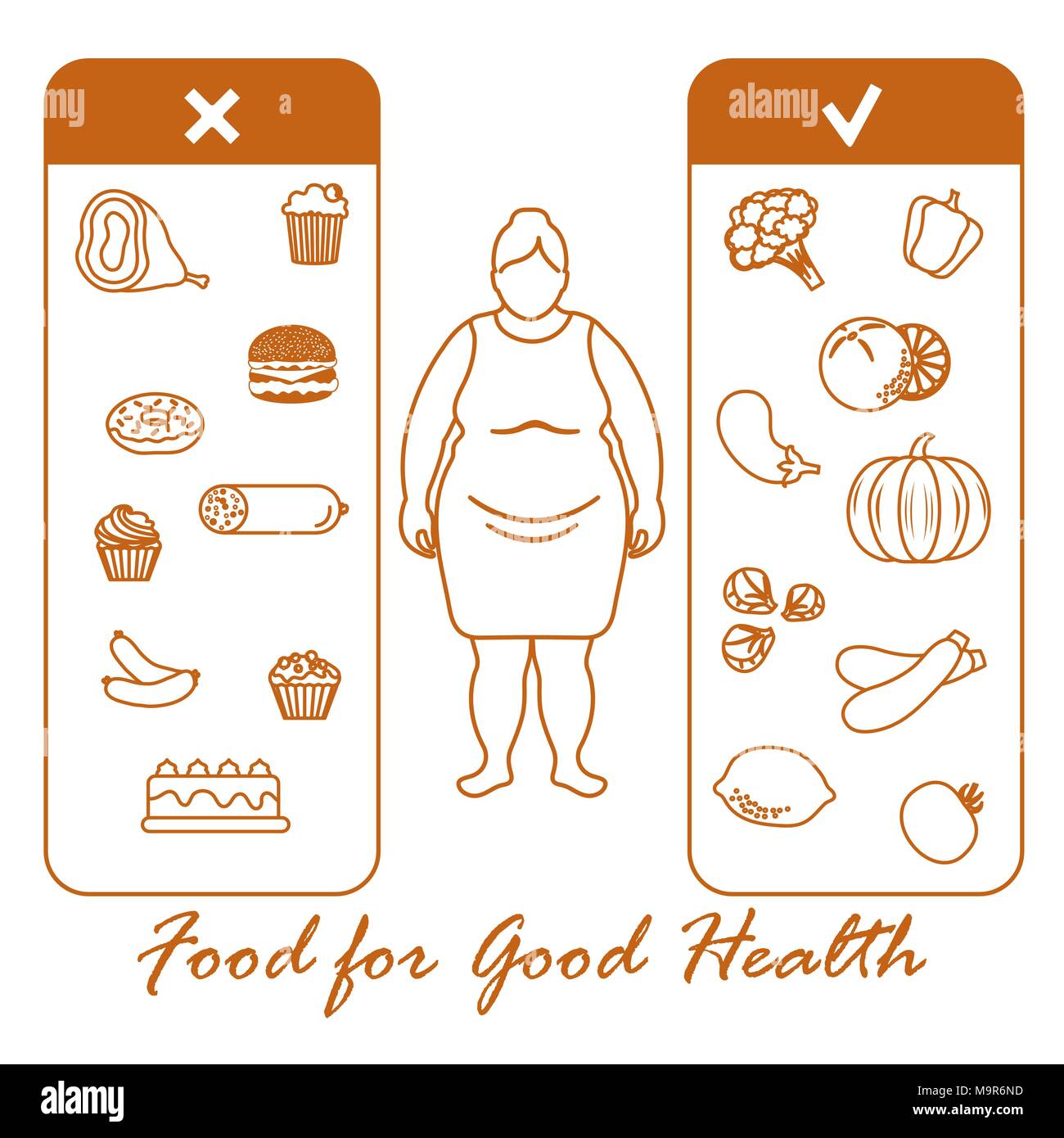 Fat woman with and useful and harmful food. Proper nutrition with ...