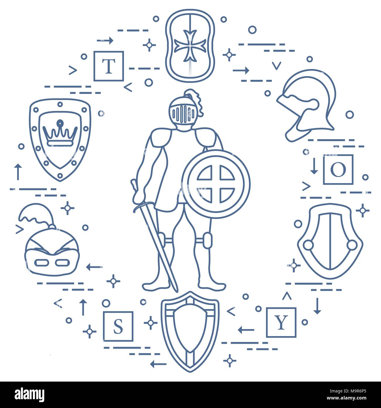 Knight, shields, swords, helmets, cubes. Design element for postcard ...