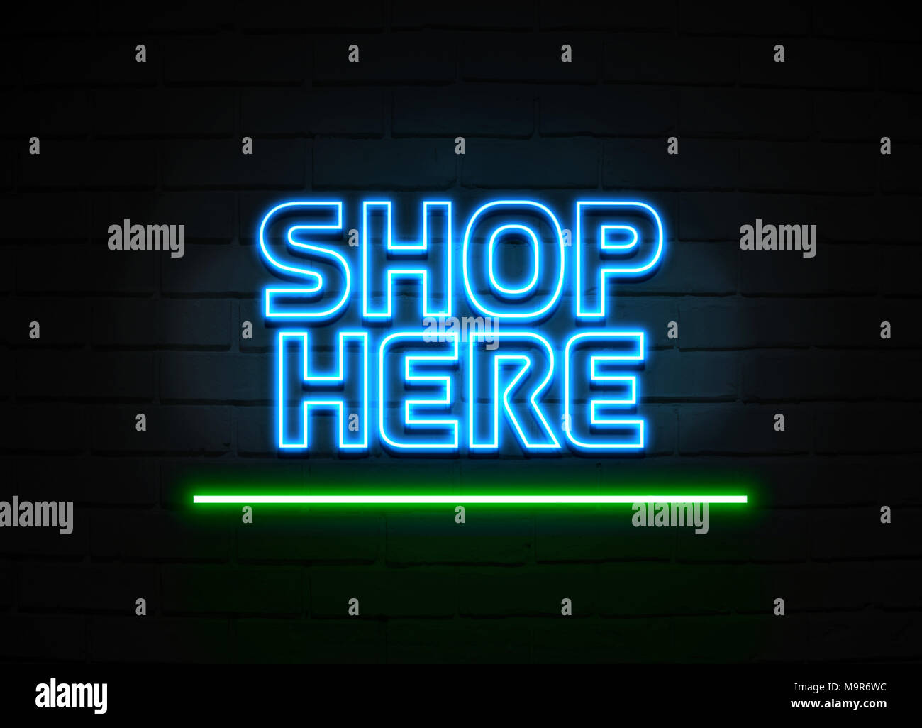 Shop Here neon sign - Glowing Neon Sign on brickwall wall - 3D rendered ...