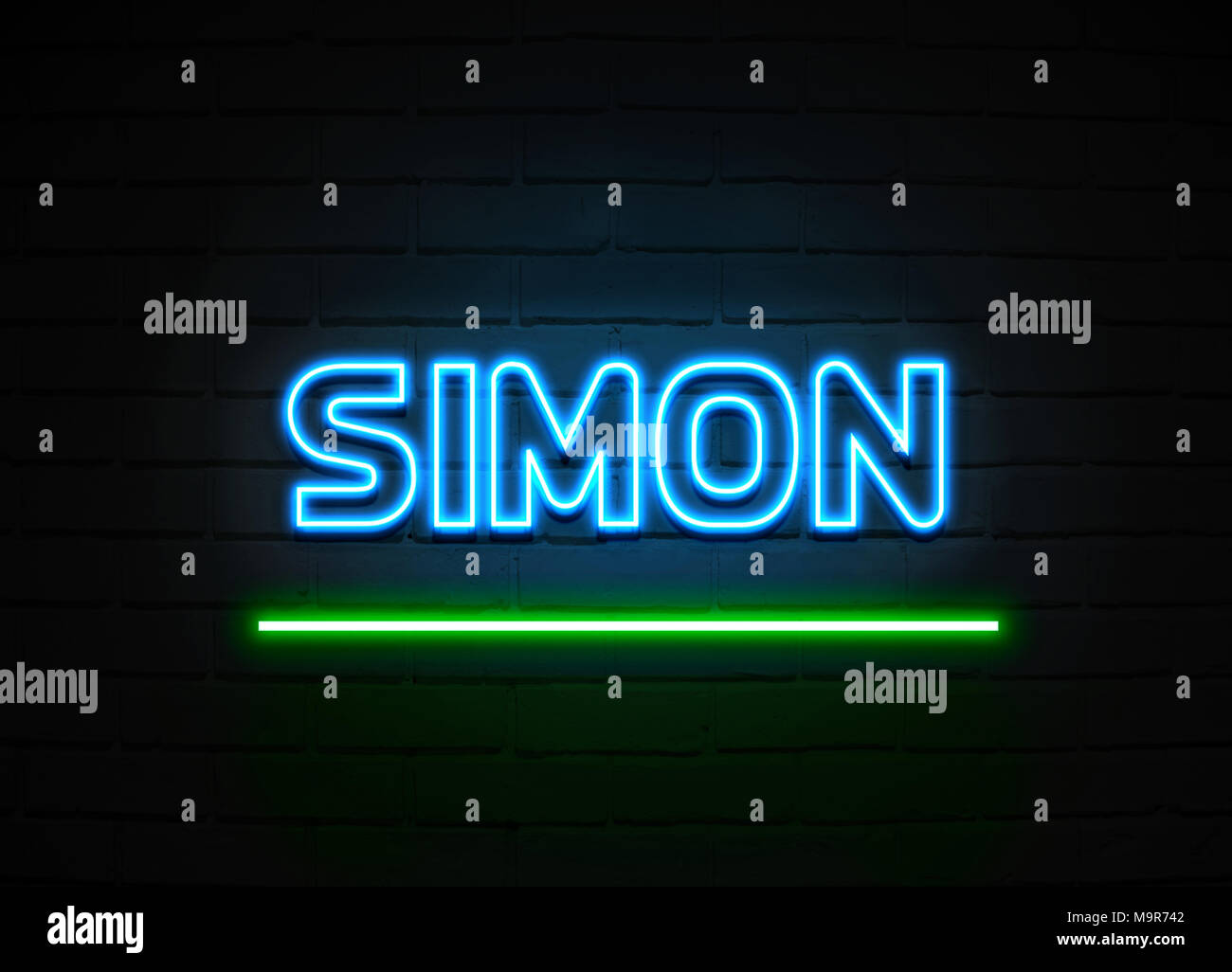 Simon neon sign - Glowing Neon Sign on brickwall wall - 3D rendered ...