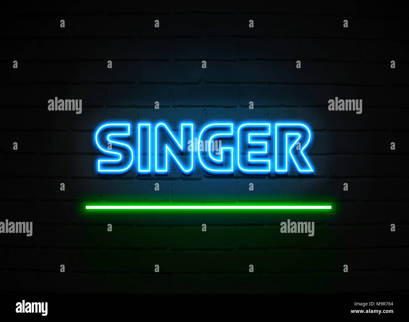 Singer neon sign - Glowing Neon Sign on brickwall wall - 3D rendered ...